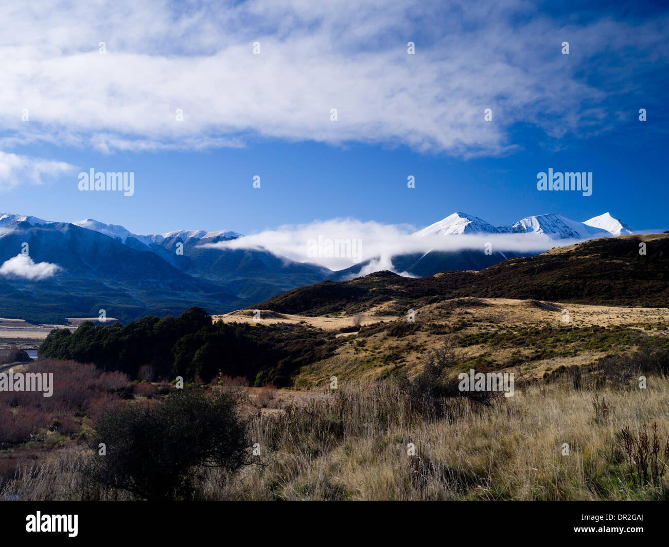 The Puketeraki Range rises above a brown grass paddock; New Zealand ...