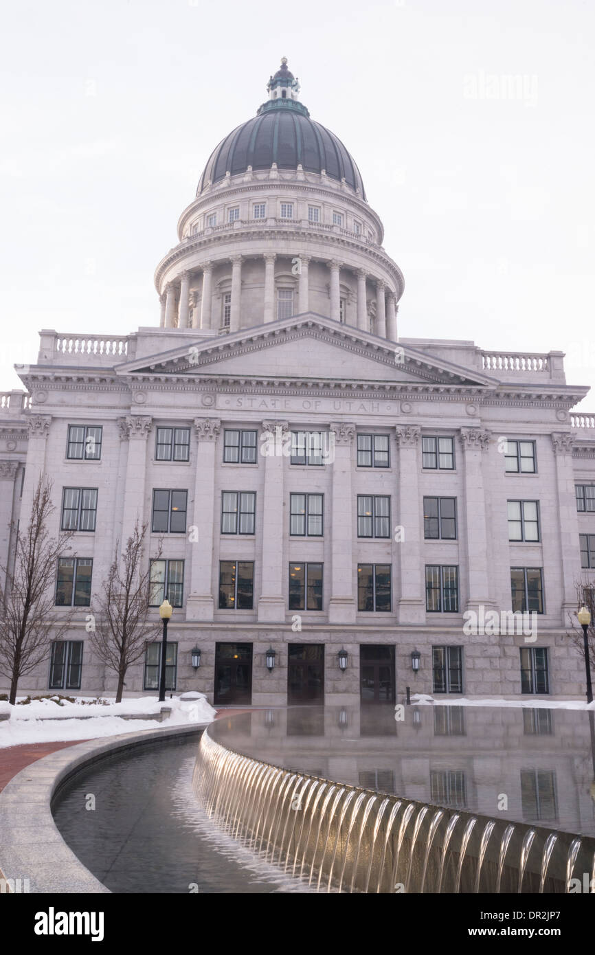 A fountain runs 24/7 on the grounds of Utah's State Capital Stock Photo ...