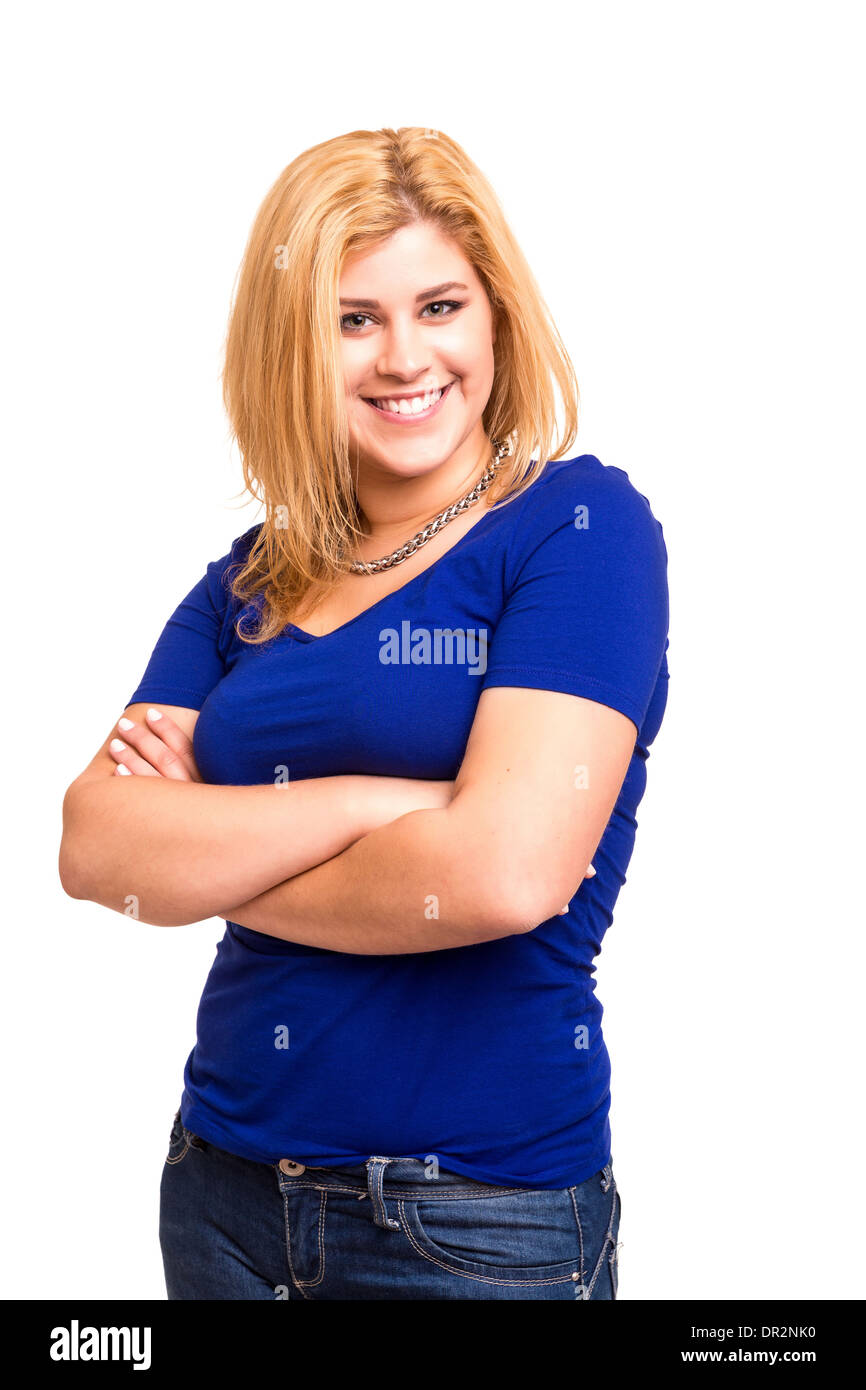 Happy overweighted woman posing isolated over white background Stock ...