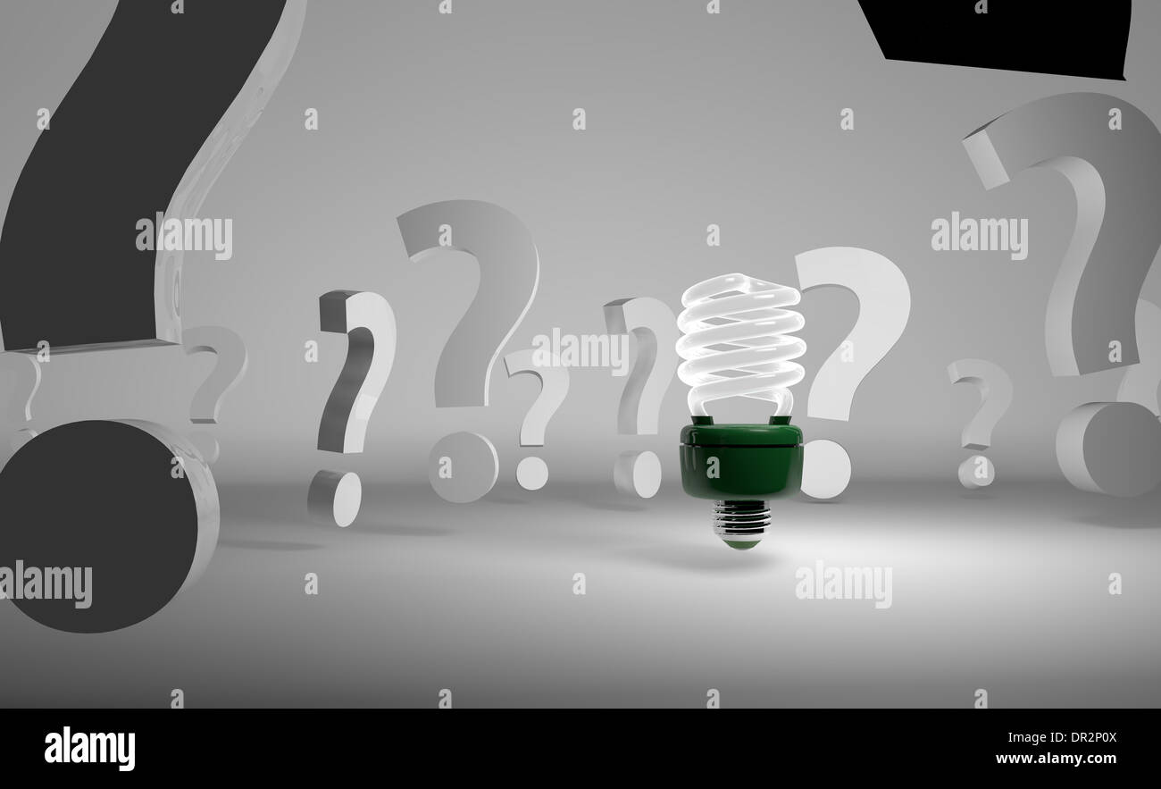Picture of light bulb among huge question marks Stock Photo - Alamy