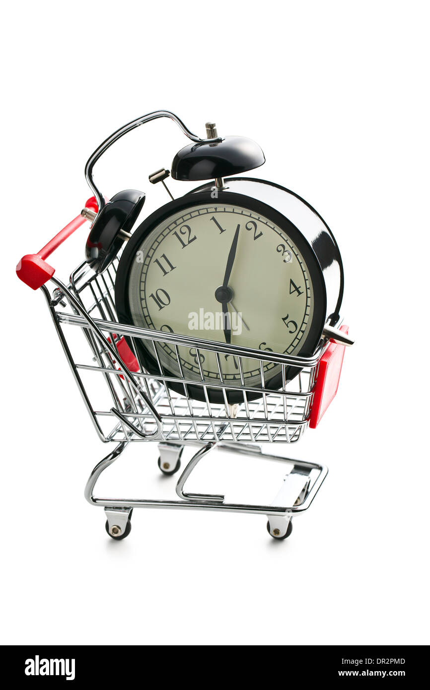alarm clock in shopping cart on white background Stock Photo - Alamy