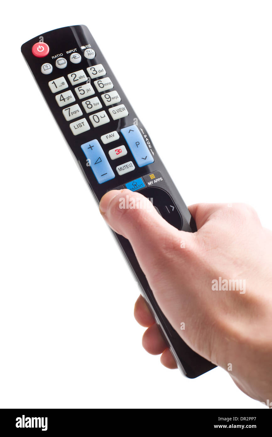remote control in hand on white background Stock Photo - Alamy