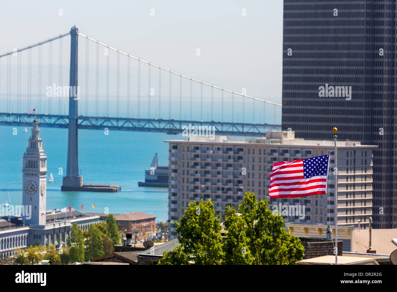 San Francisco USA American Flag Bay Bridge and Embarcadero Clock Tower ...