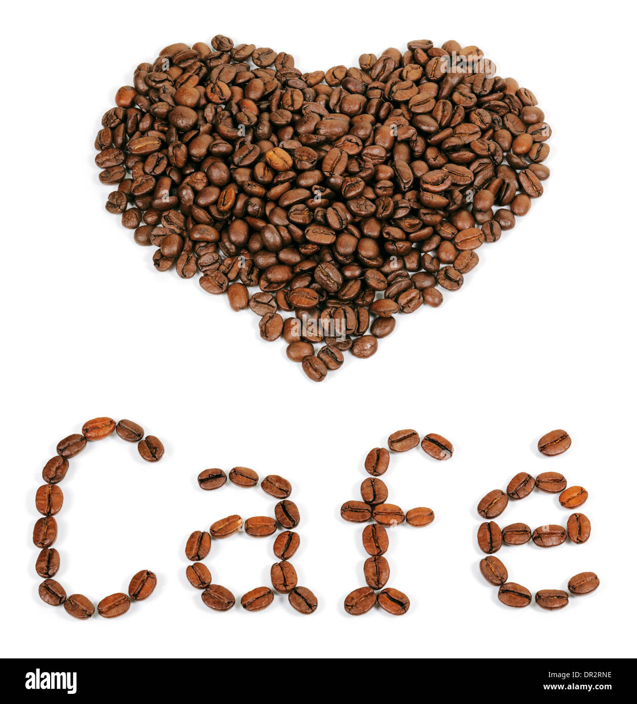 A heart shape with the word Cafe created with coffee beans on a white ...