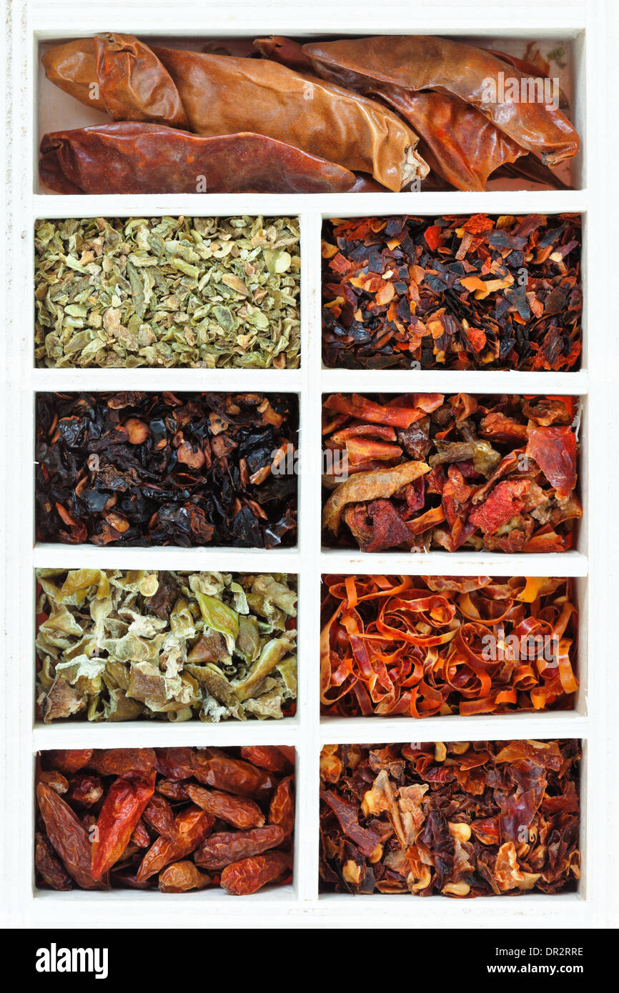 set of hot spice chili peppers in wooden box Stock Photo - Alamy