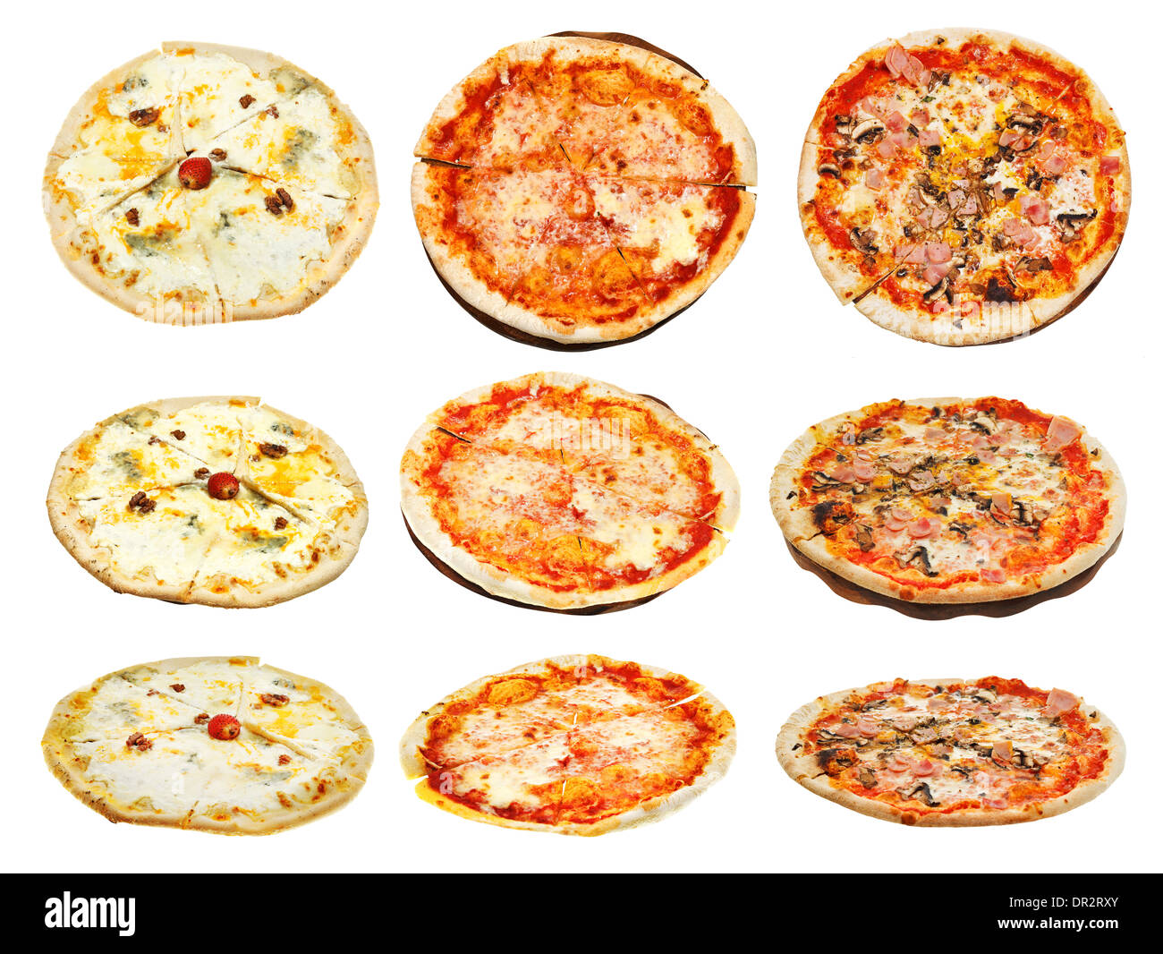 set of three kinds of italian pizza isolated on white background Stock ...