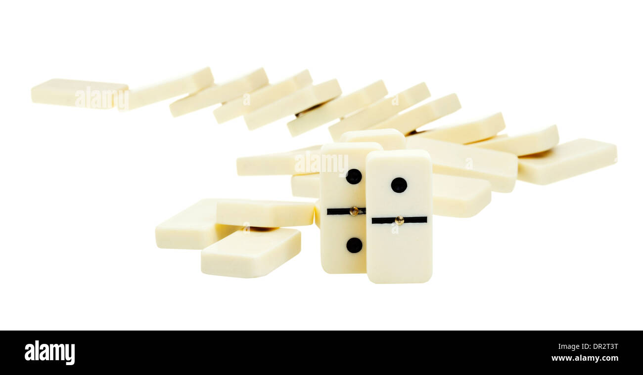 pile from fallen domino zigzag isolated on white background close up ...