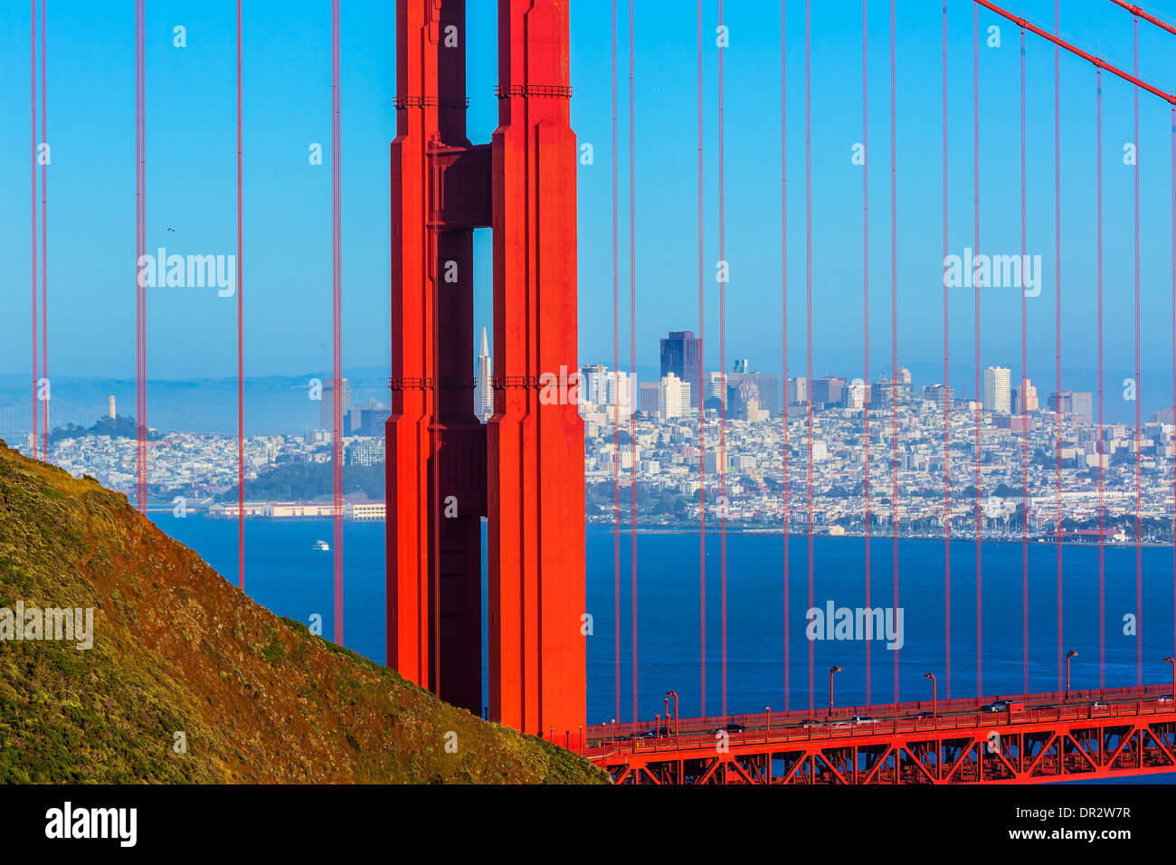 San Francisco Golden Gate Bridge view through cables in California USA ...