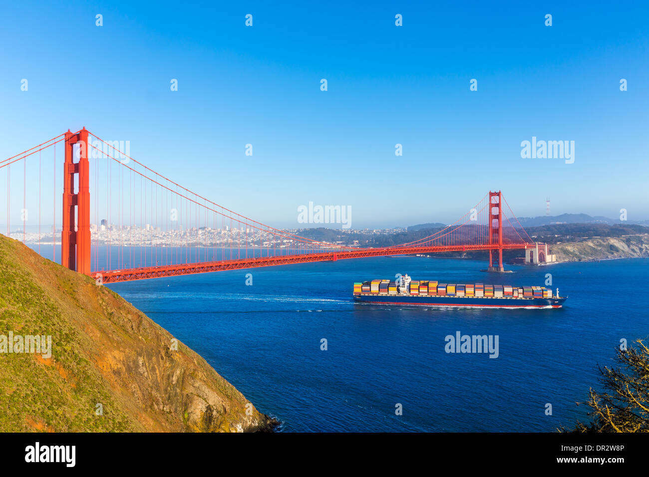 San Francisco Golden Gate Bridge merchant ship in California USA Stock ...