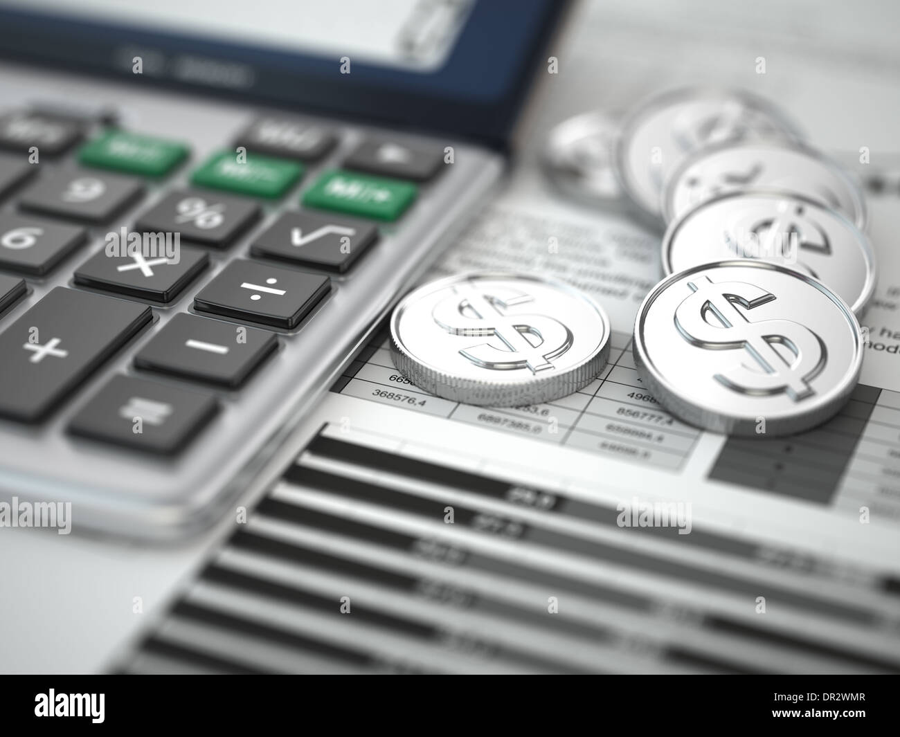 Financial concept. Calculator, coins and graph. 3d Stock Photo - Alamy