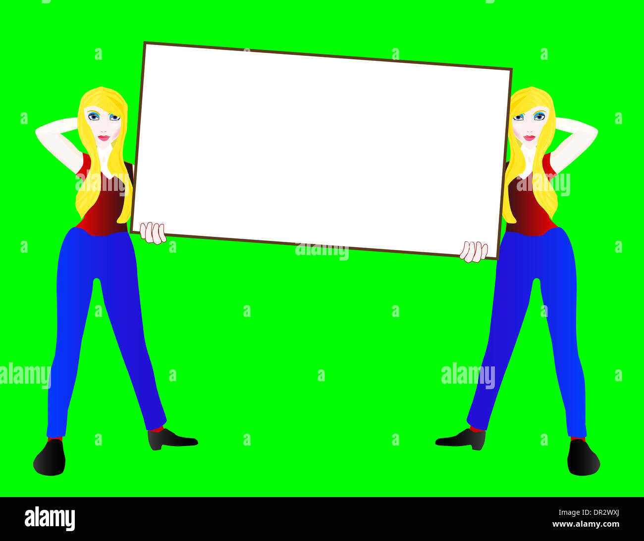 Two girls holding a white sign against a green background Stock Photo ...