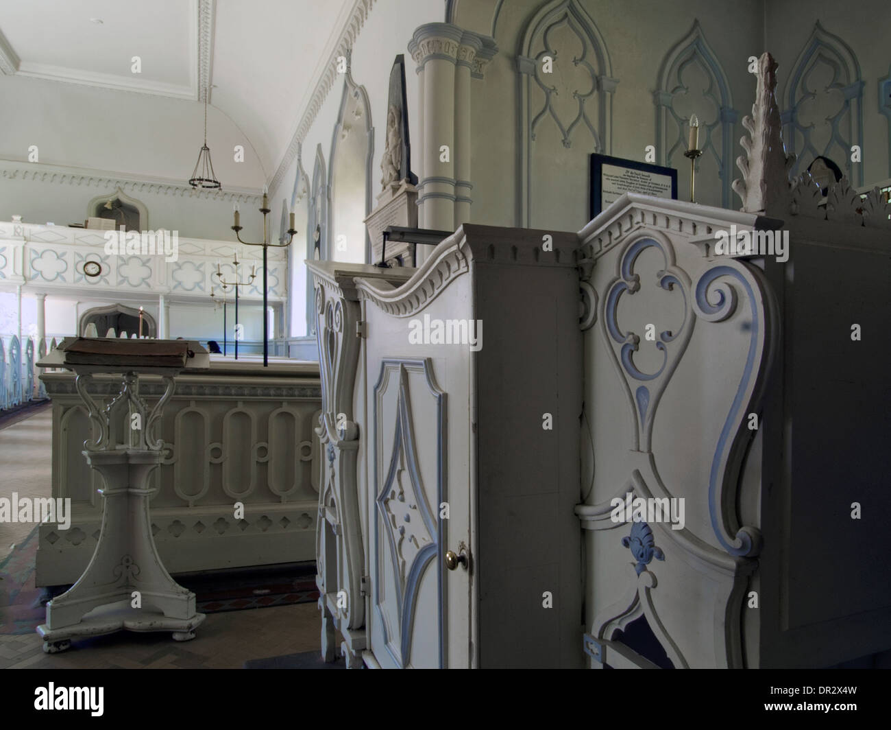 the interior of a blue-and-white rococo church at Shobdon, in ...