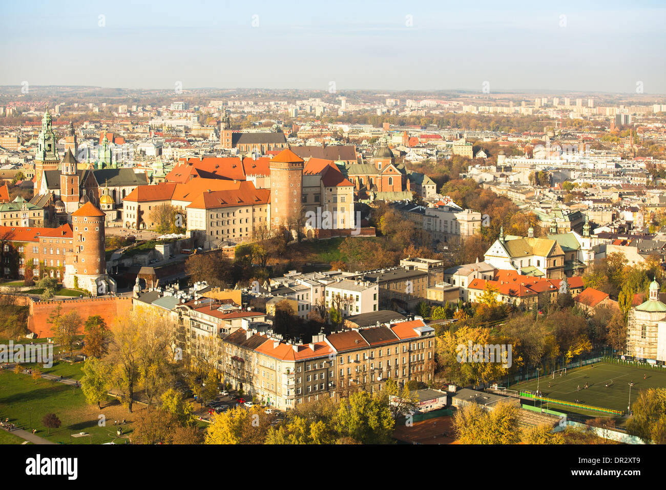 Aerial view of Royal Wawel castle with park and Vistula river in Krakow ...
