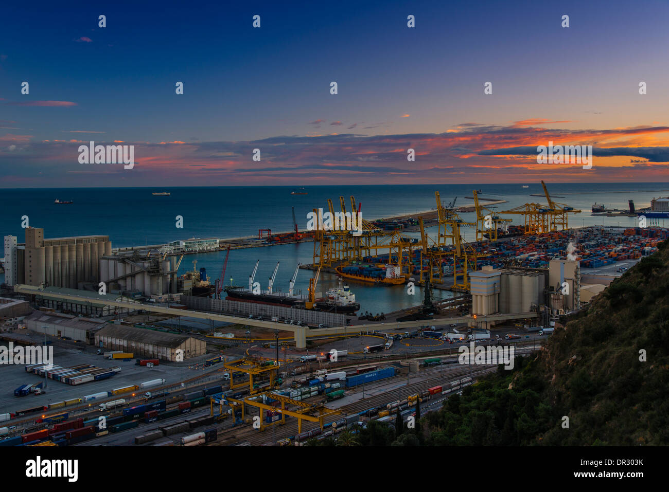 Sunset view over the harbor, Barcelona, Catalonia, Spain Stock Photo ...