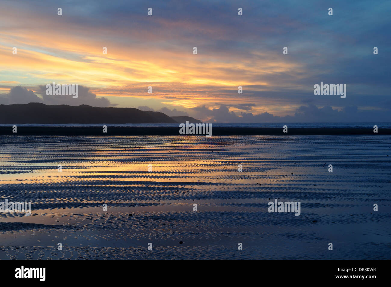 Sunset over Broughton Bay and Burry Holmes from Whitford Sands Gower ...