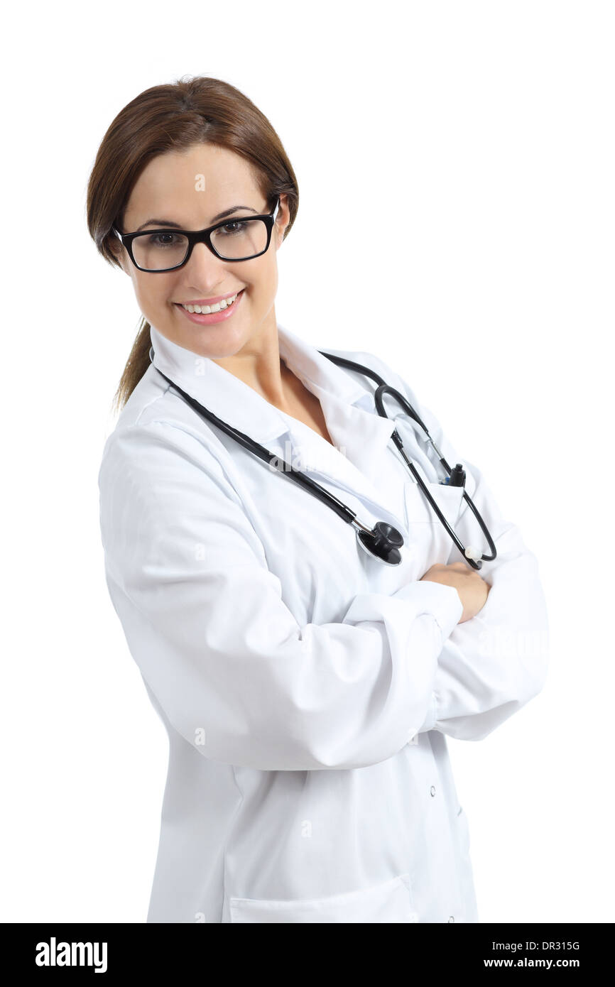 Beautiful female doctor posing with glasses isolated on a white ...
