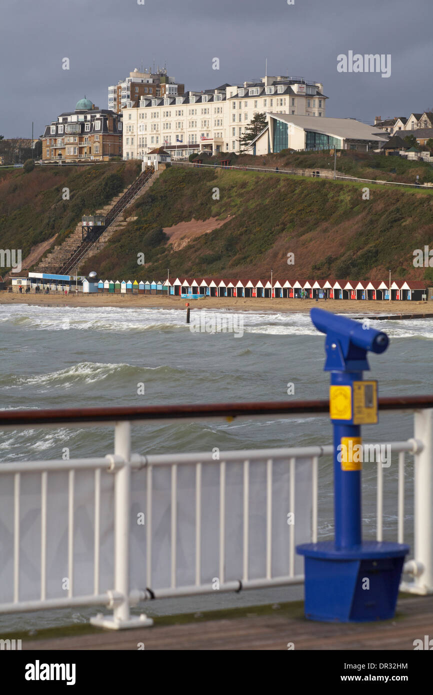 view from Bournemouth Pier on a stormy day of the beach and cliff top ...