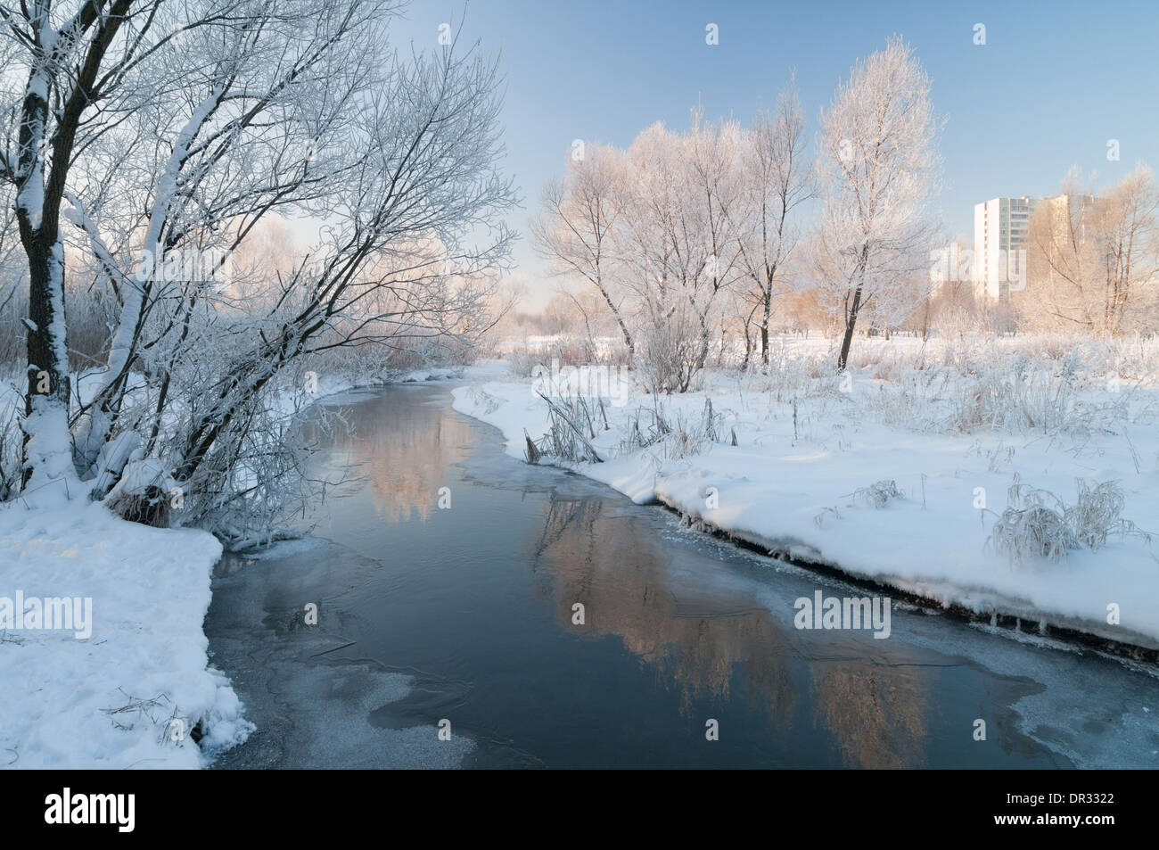 This picture depicts winter morning scene on the river Yauza Stock ...