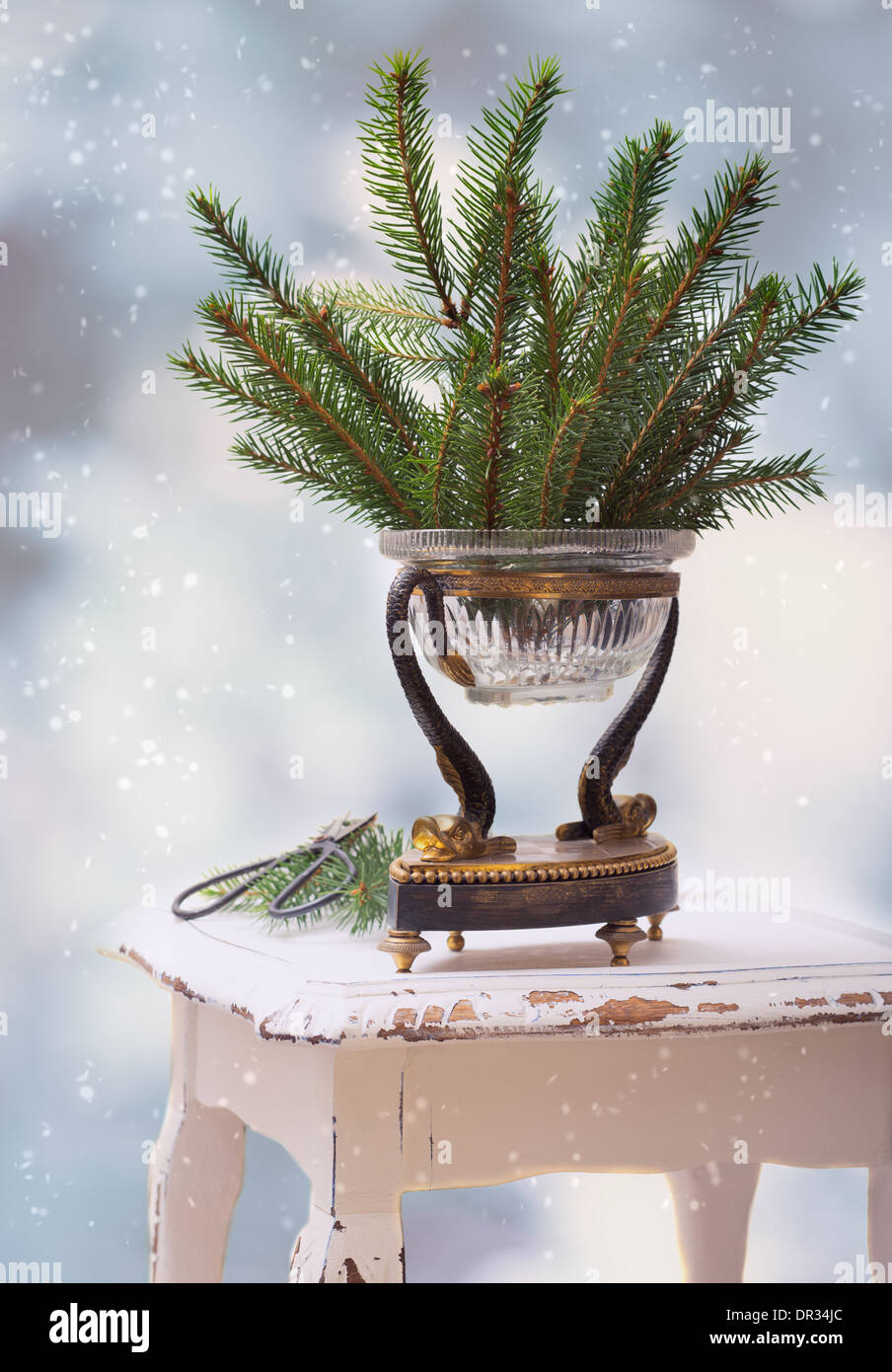 Cutting sprigs of pine for Christmas decoration with falling snow ...