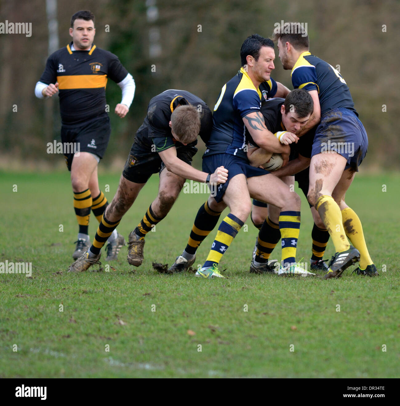 a rugby player tackles another during a match between didsbury toc h ...