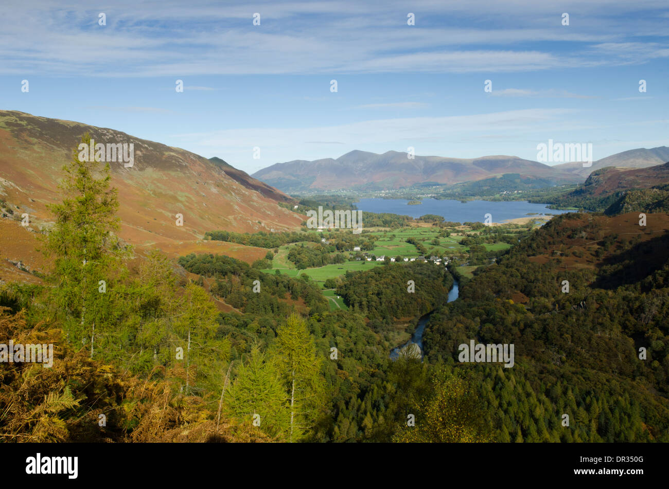 View north from the top of Castle Crag to Derwent Water. Cumbria, The ...