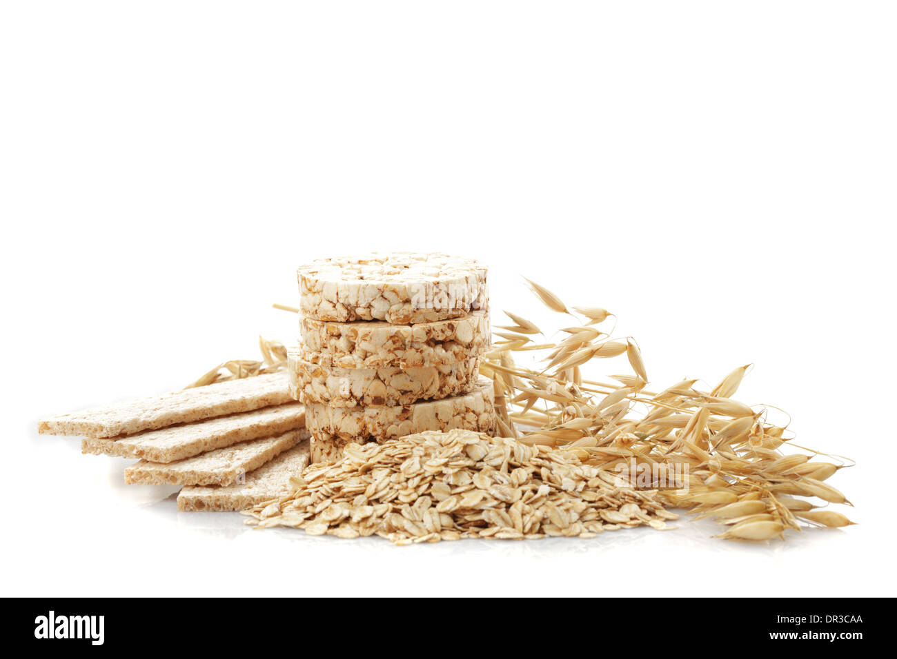 Different oat products isolated on white background Stock Photo - Alamy