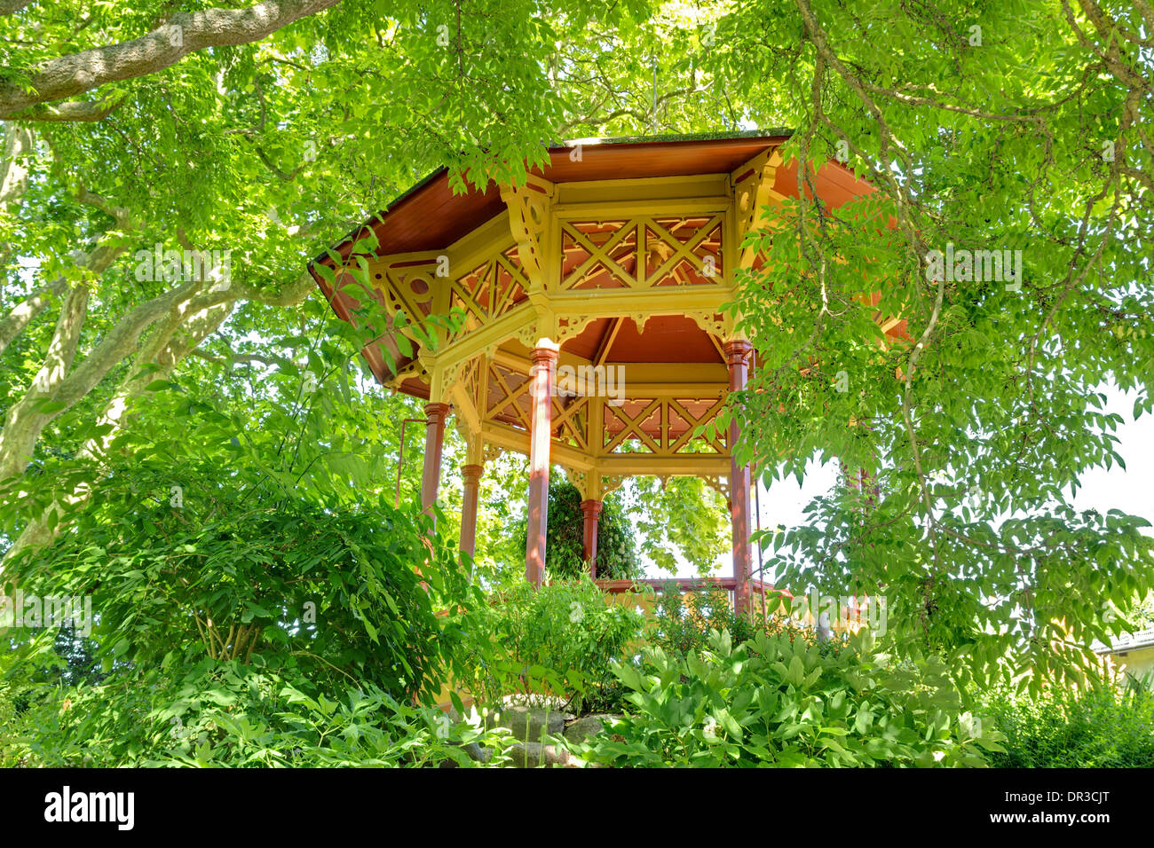 Wooden veranda in the green summer garden Stock Photo - Alamy