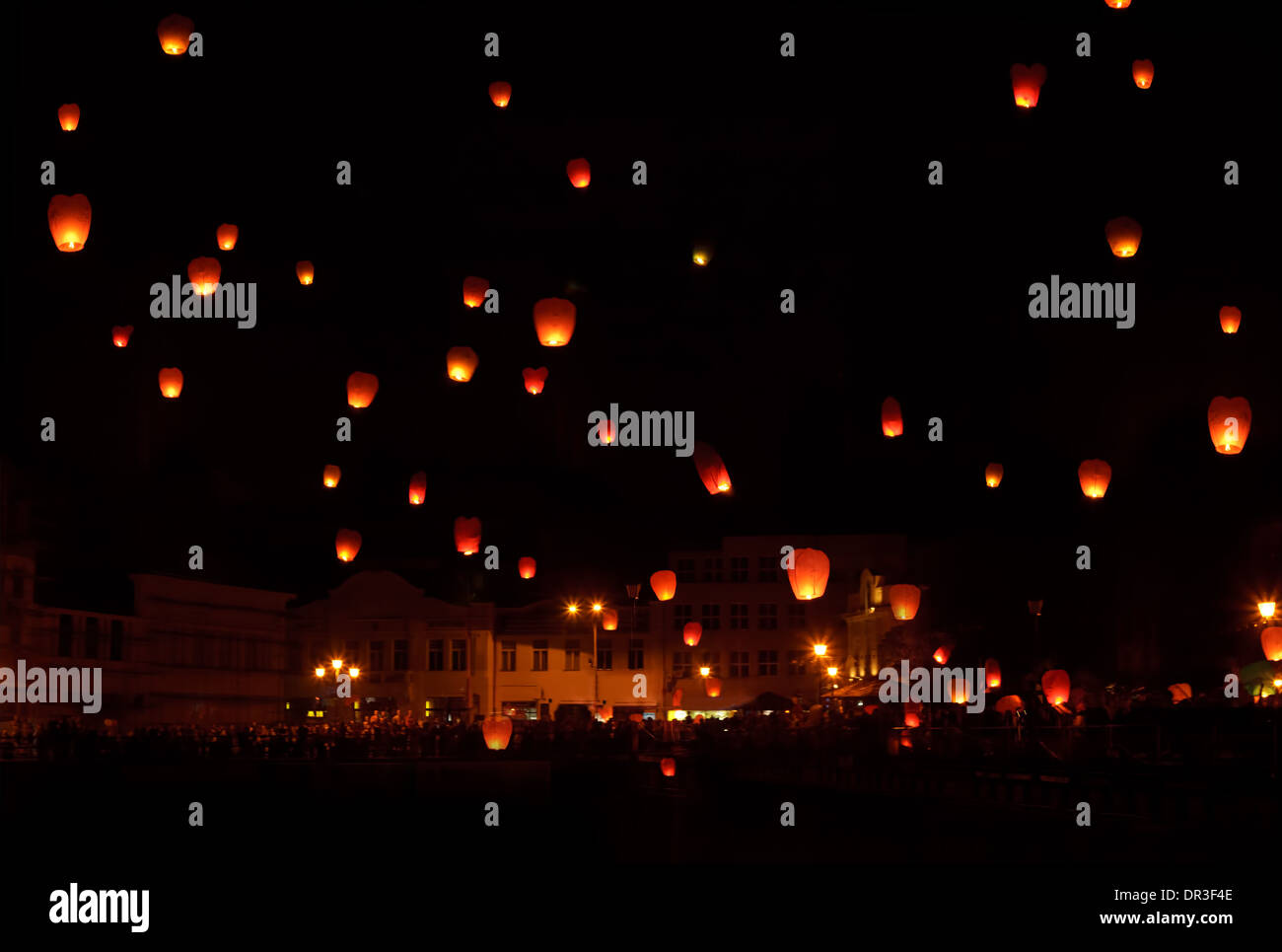 Floating lantern flashmob in small european town Stock Photo - Alamy