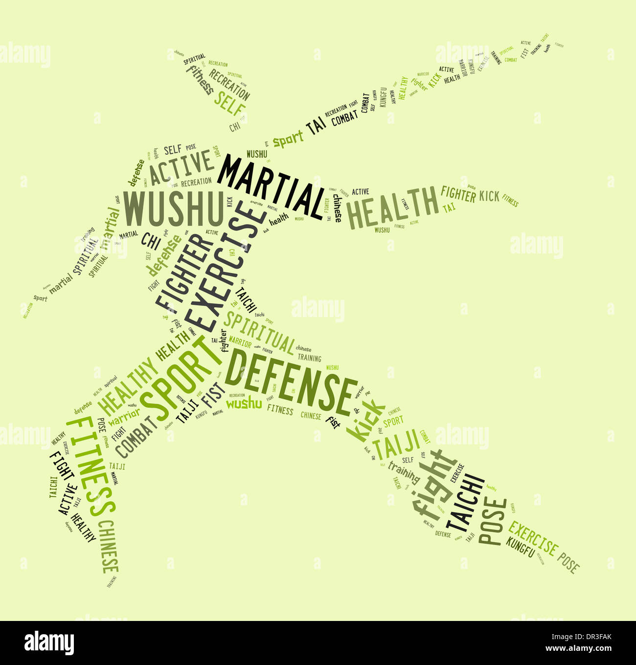 Wushu word cloud with green wordings on green background Stock Photo ...