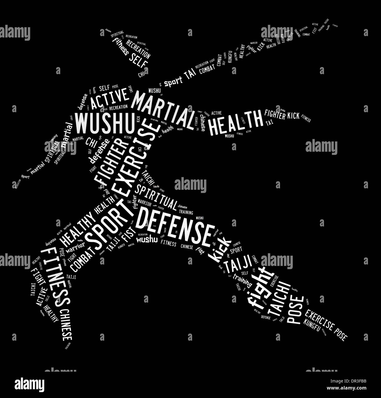 Wushu word cloud with white wordings on black background Stock Photo ...