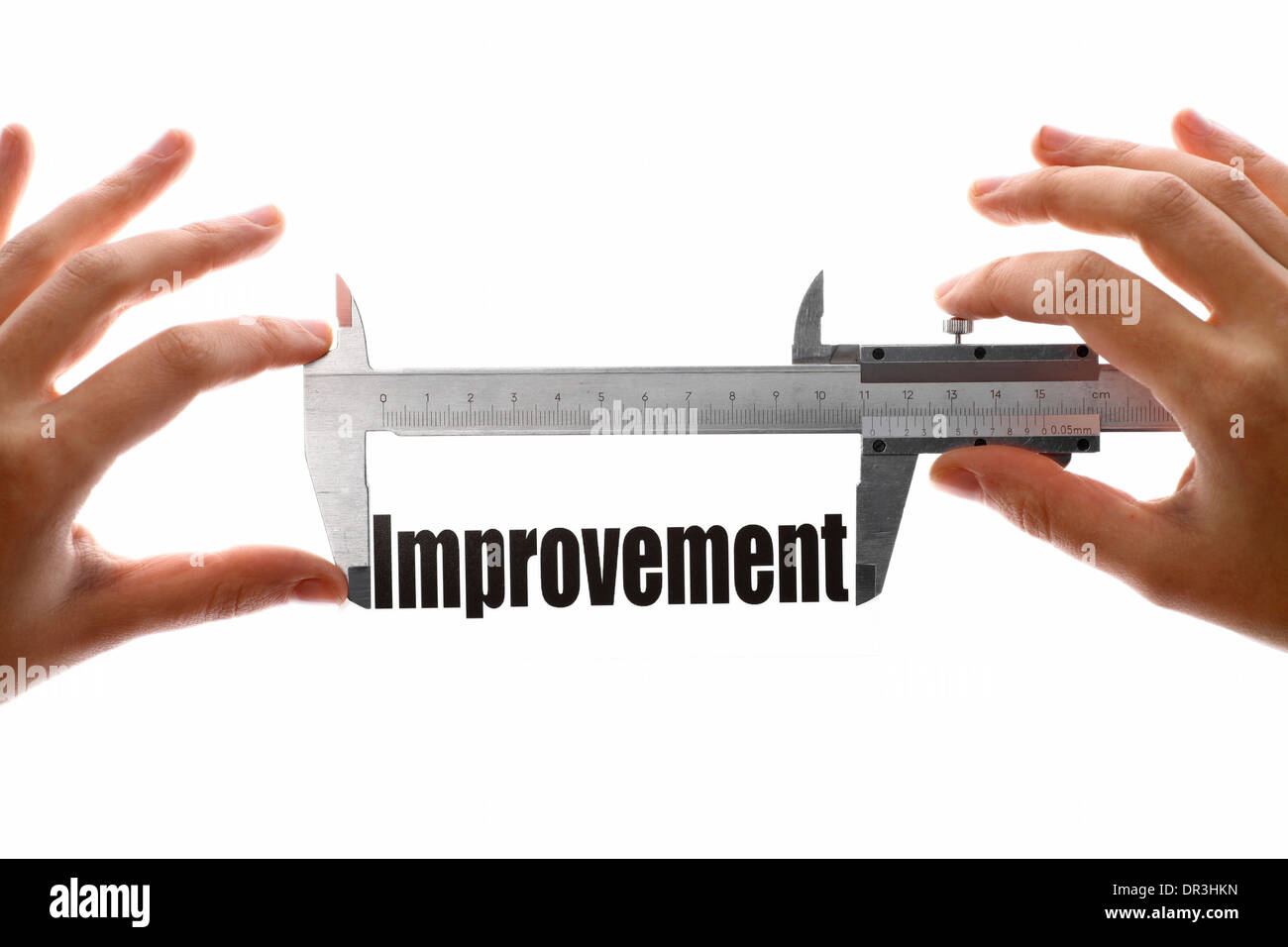 Two hands holding a caliper, measuring the word "Improvement Stock ...