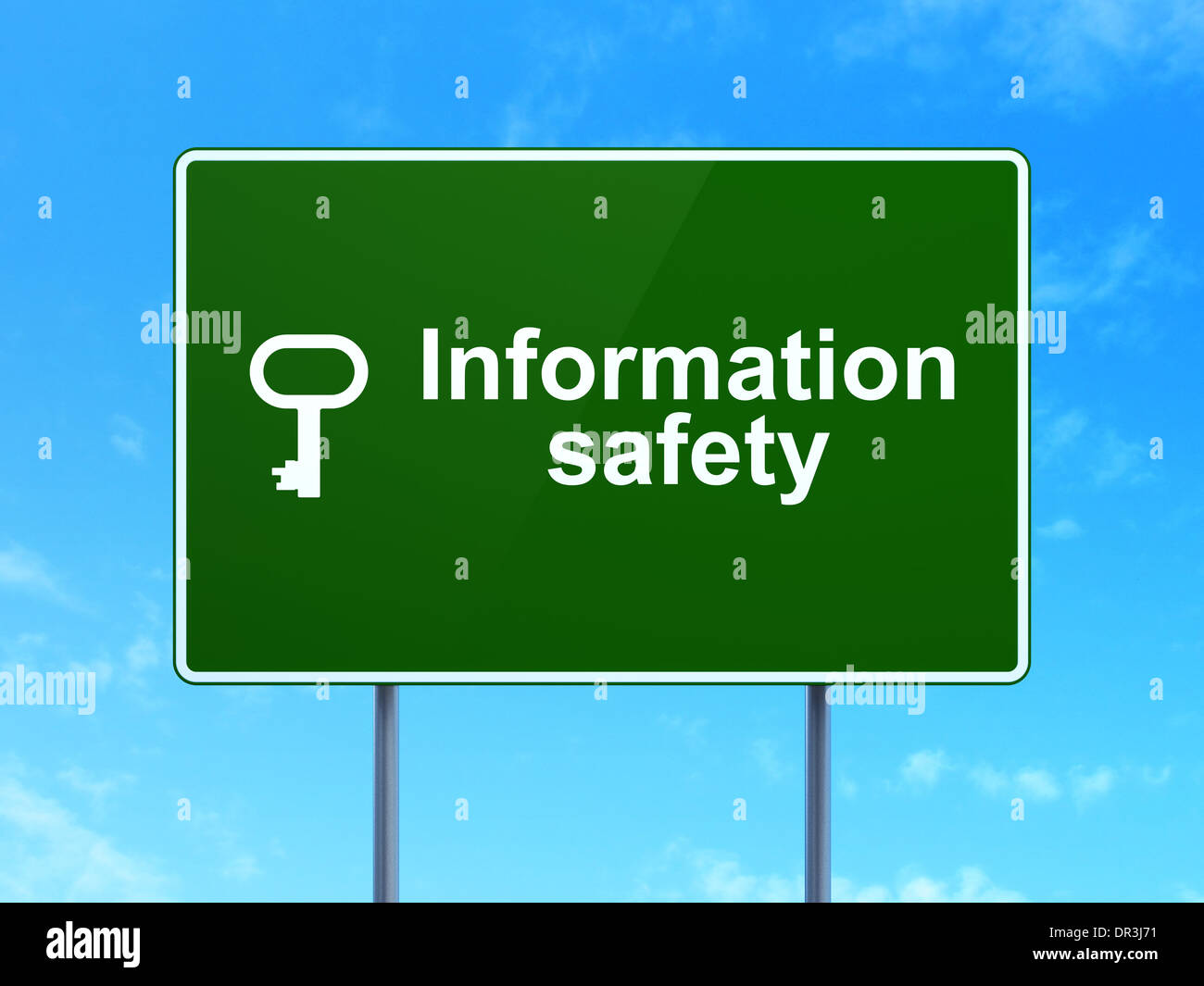Protection concept: Information Safety and Key on road sign background ...