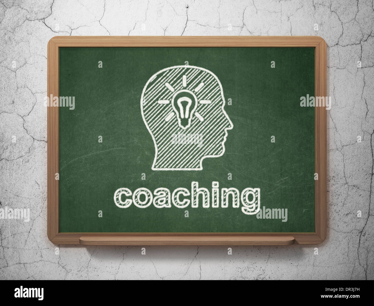 Education concept: Head With Light Bulb and Coaching on chalkboard ...