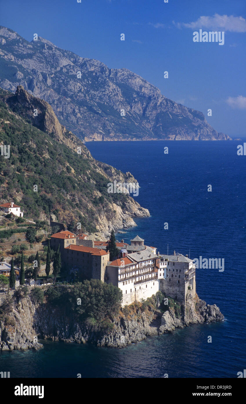 Clifftop Osiou Gregoriou Monastery (c14th) and Aegean Coast Mount Athos ...
