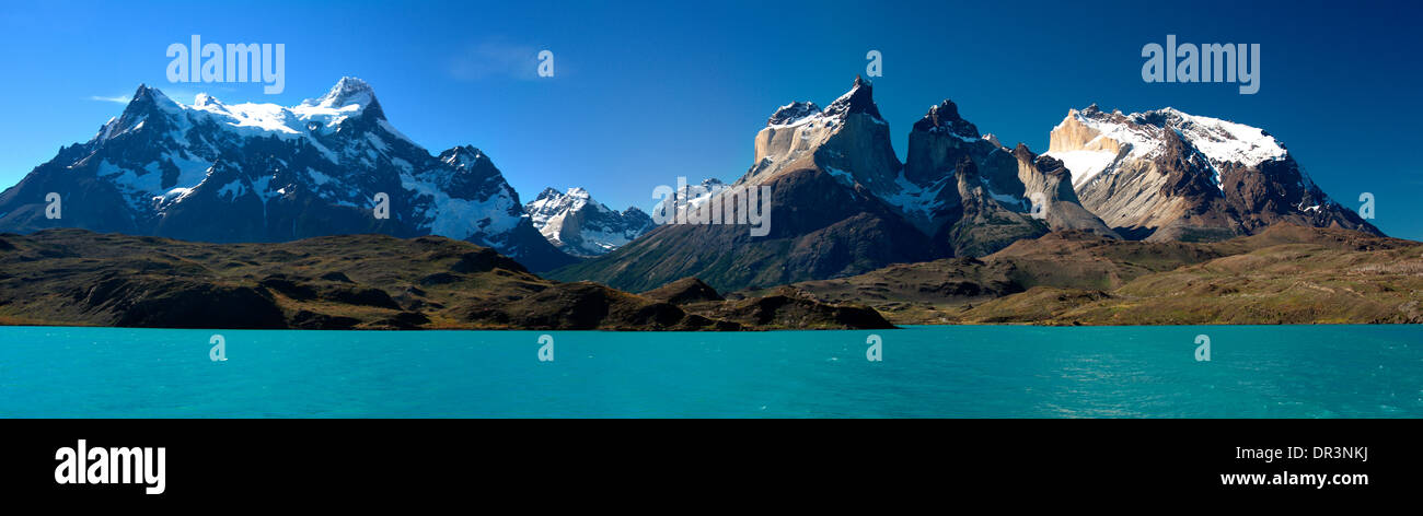 Panorama of Torres del Paine from Lake Pehoe, Andes, Chile Stock Photo ...
