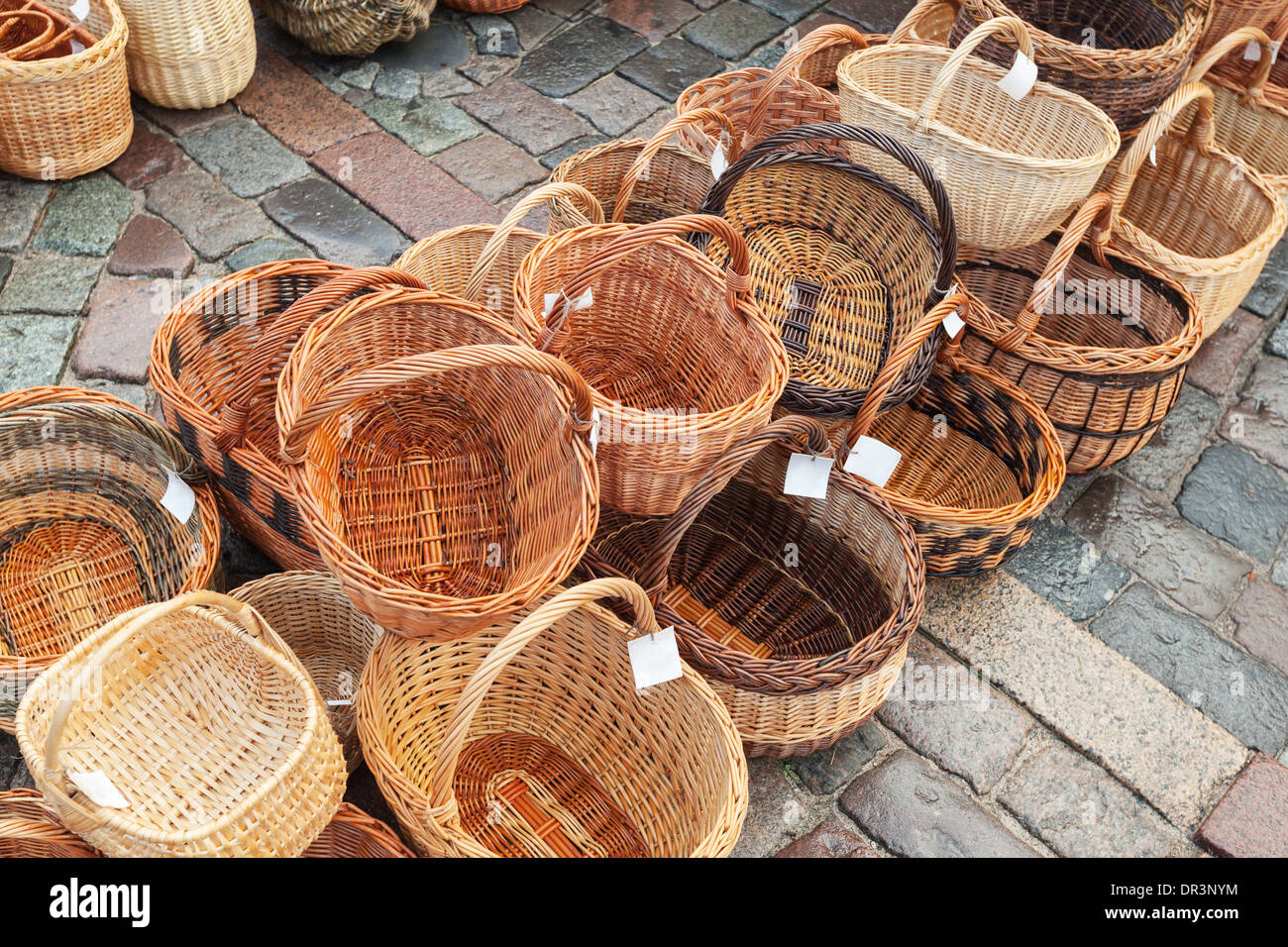Row of handmade baskets on the street market place Stock Photo - Alamy