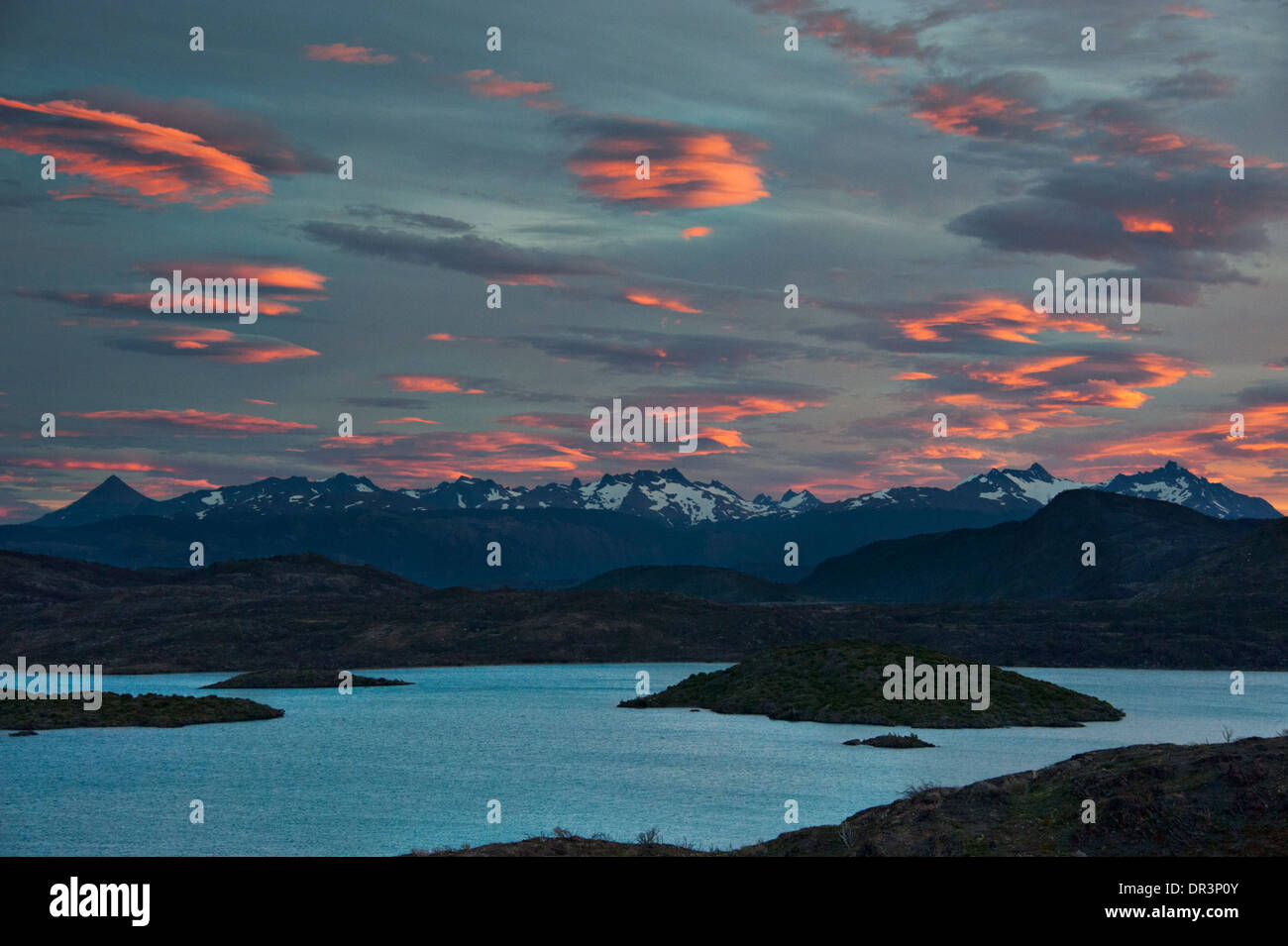 Sunset clouds over Lake Pehoe, Torres del Paine, Andes, Chile Stock ...