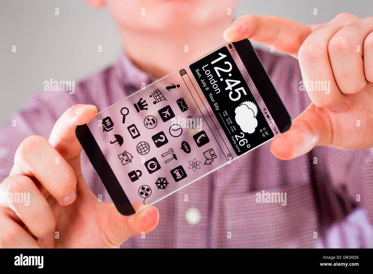 Smart phone and tablet with transparent screen in human hands Stock ...