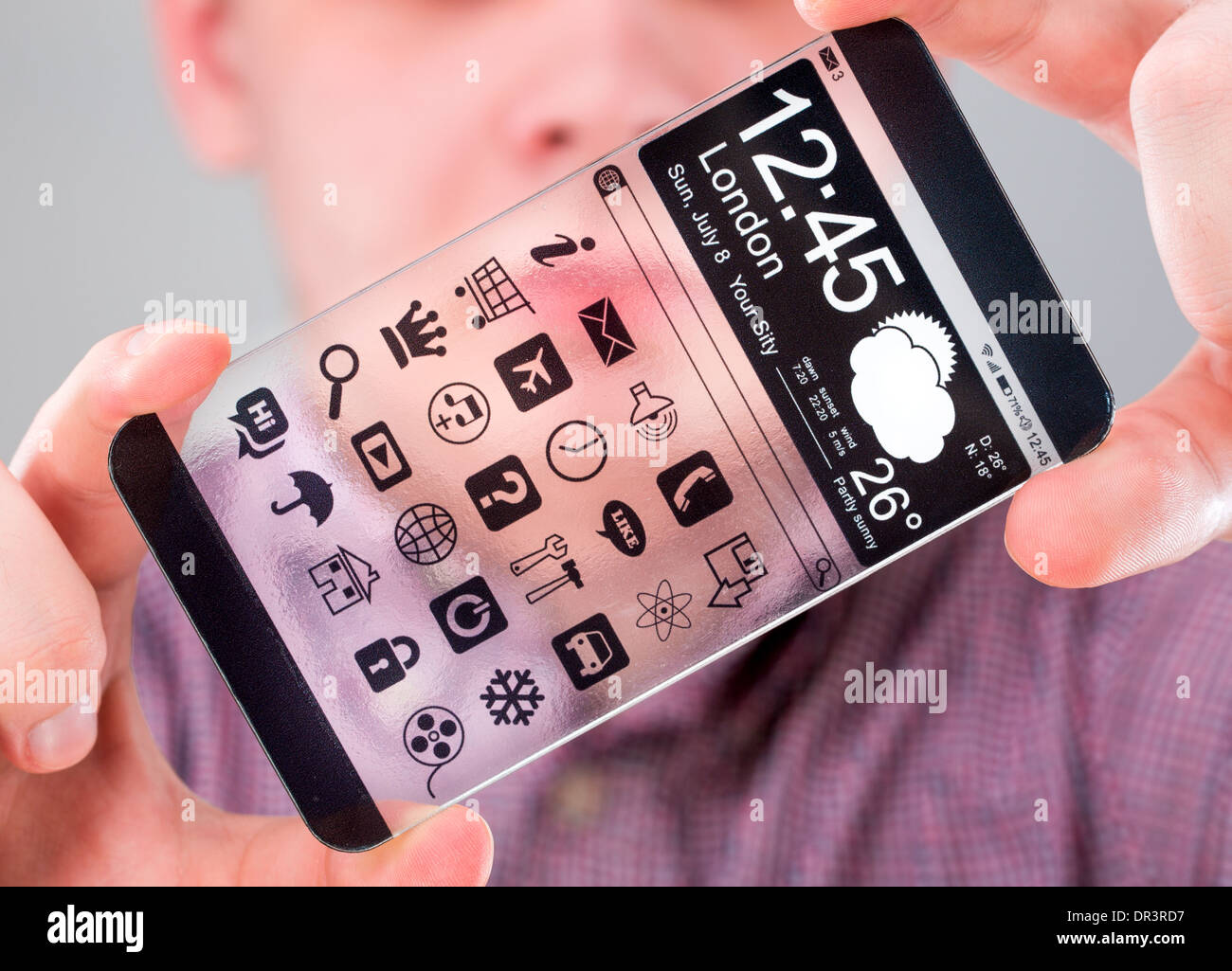 Smart phone and tablet with transparent screen in human hands Stock ...
