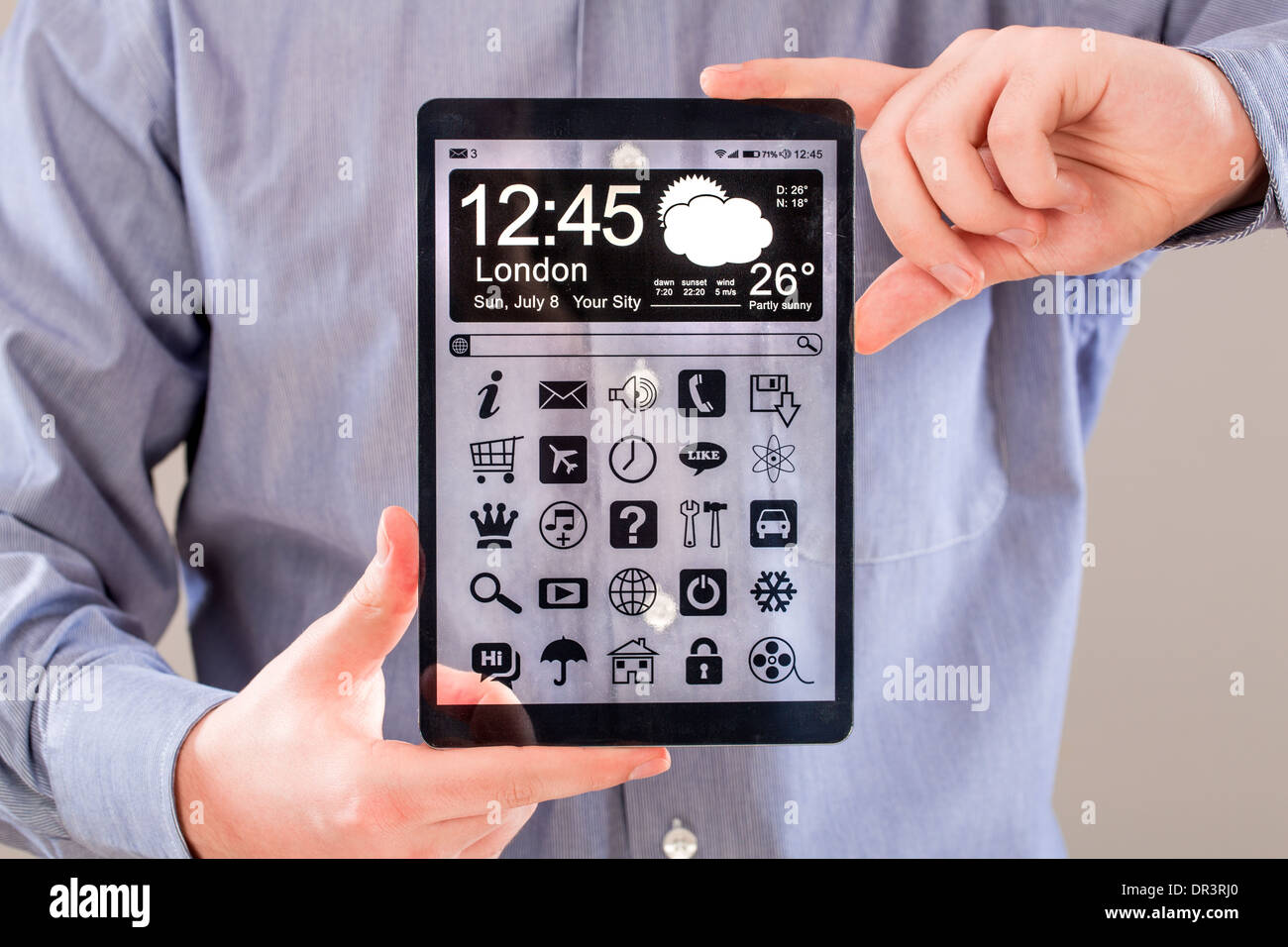 Tablet with a transparent display in human hands. Concept actual future ...