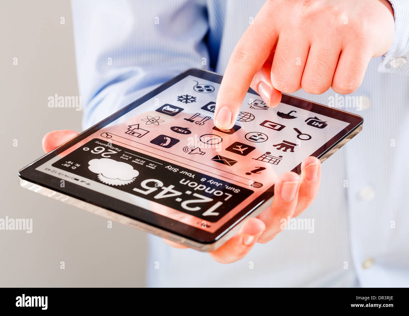Tablet with a transparent display in human hands. Concept actual future ...