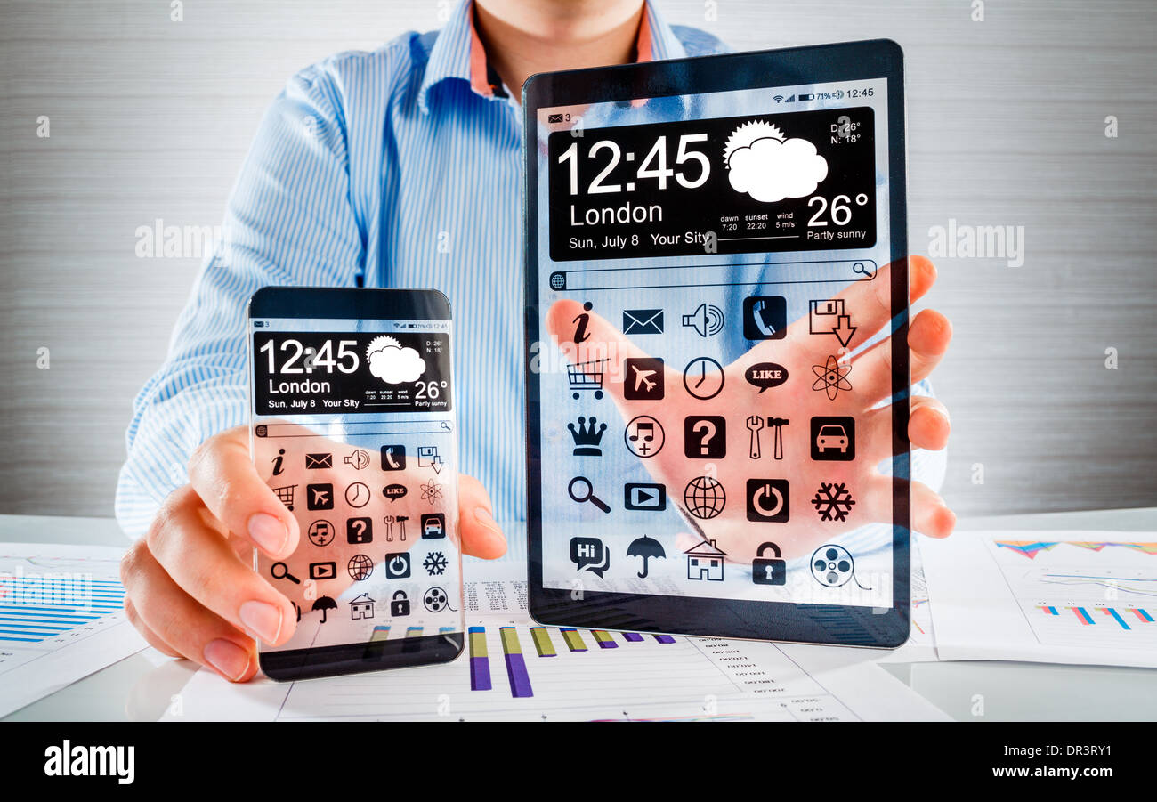 Smart phone and tablet with transparent screen in human hands Stock ...