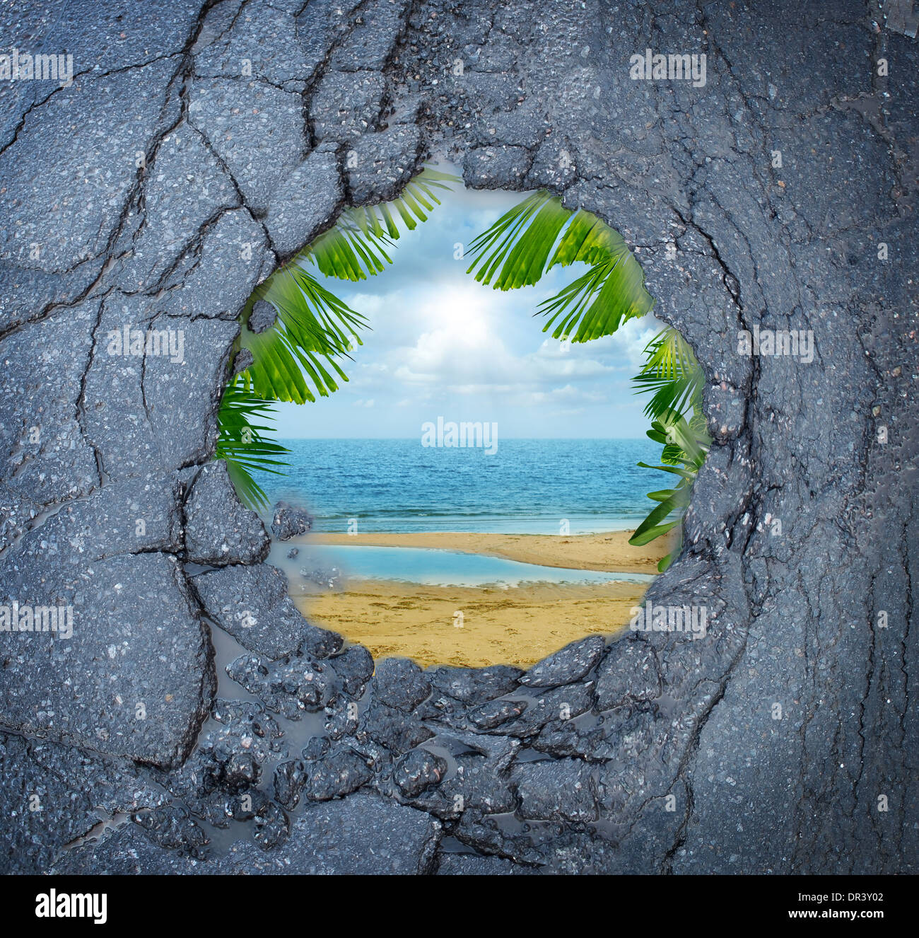 Escape city stress vacation dreaming as a dirty road pothole with the ...