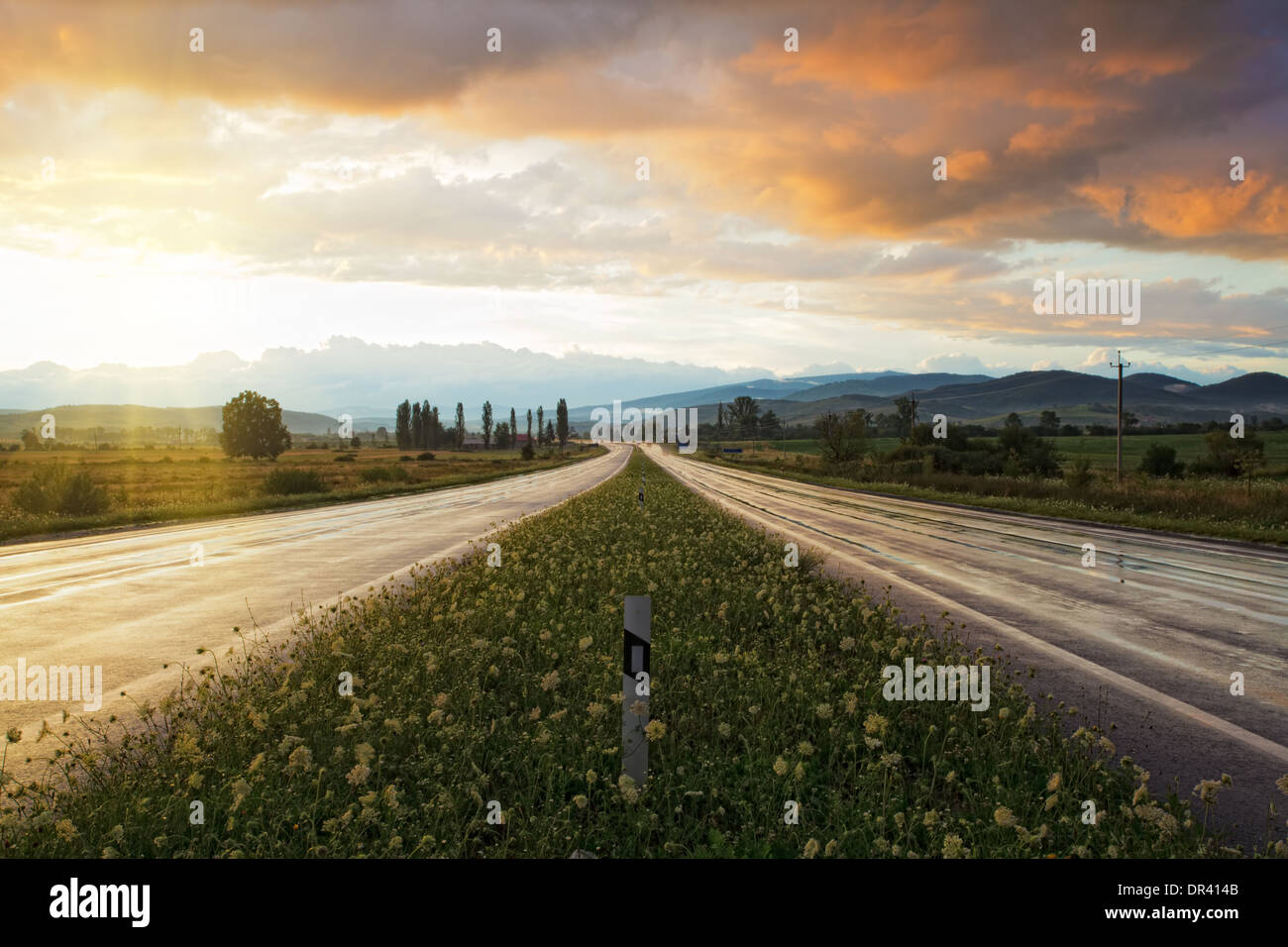 Wet road after rain and sunset over fields Stock Photo - Alamy