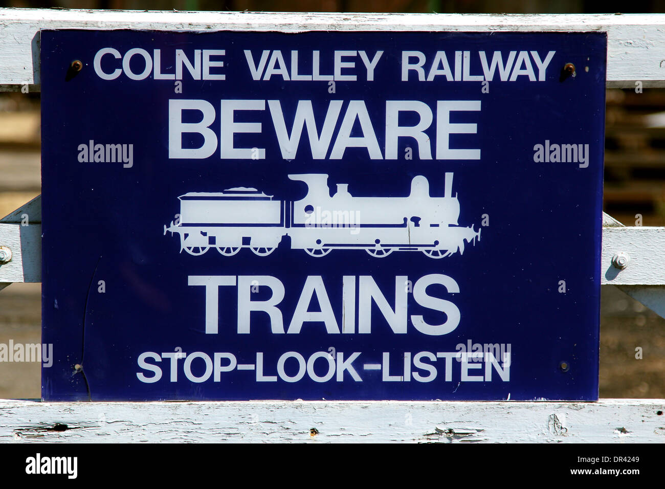 A 'Beware of the trains' sign at Colne Valley Railway Stock Photo - Alamy