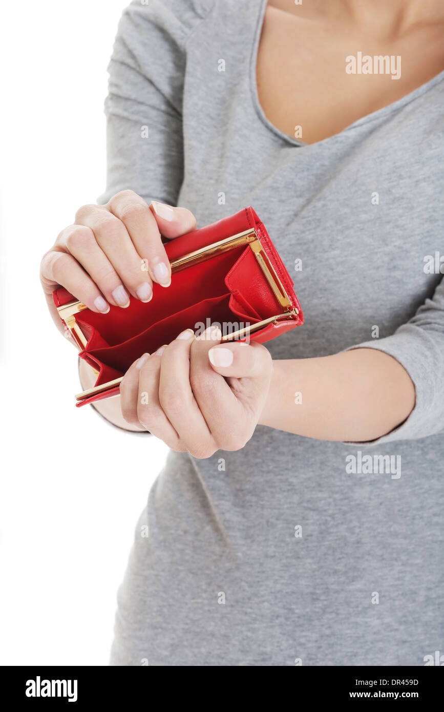 Beautiful casual woman showing her empty wallet. Isolated on white ...