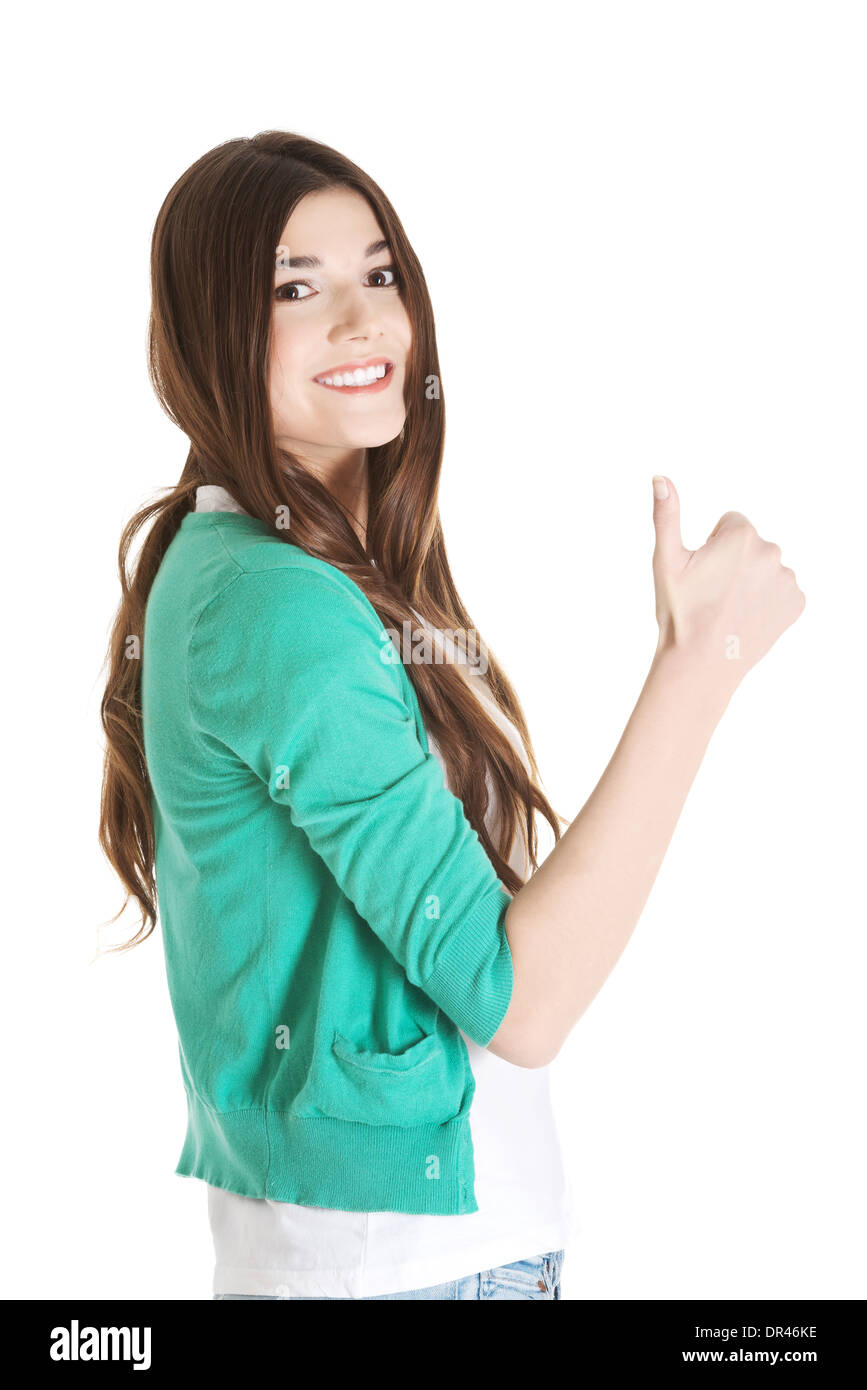 Beautiful young student showing OK. Isolated on white Stock Photo - Alamy