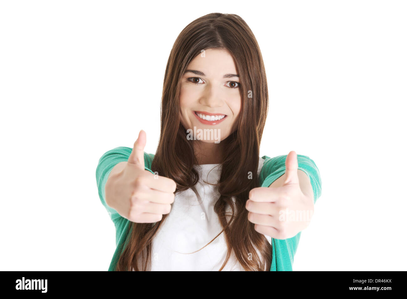 Beautiful young student showing OK. Isolated on white Stock Photo - Alamy
