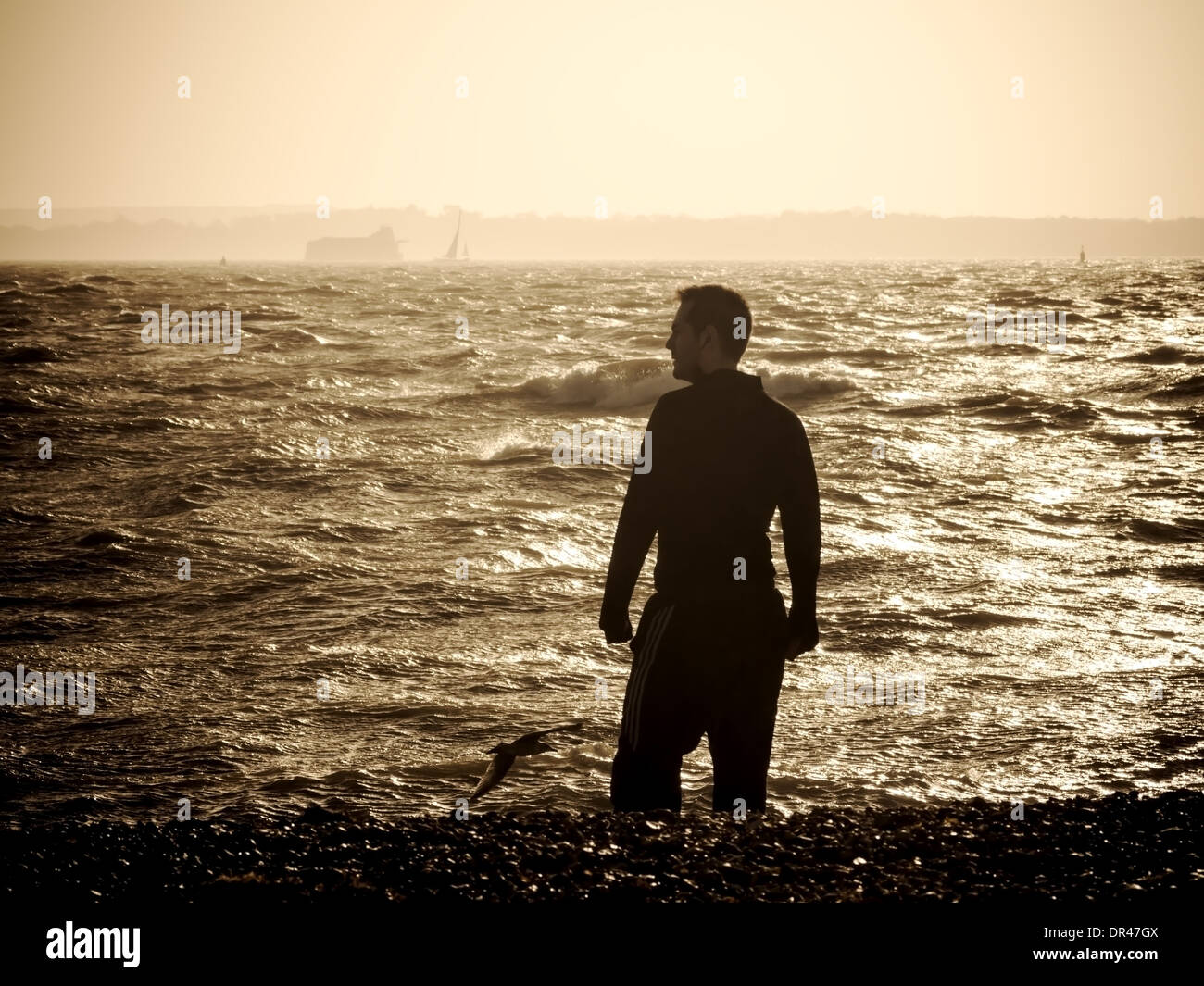 A man in silhouette looks out to sea at sunset Stock Photo - Alamy