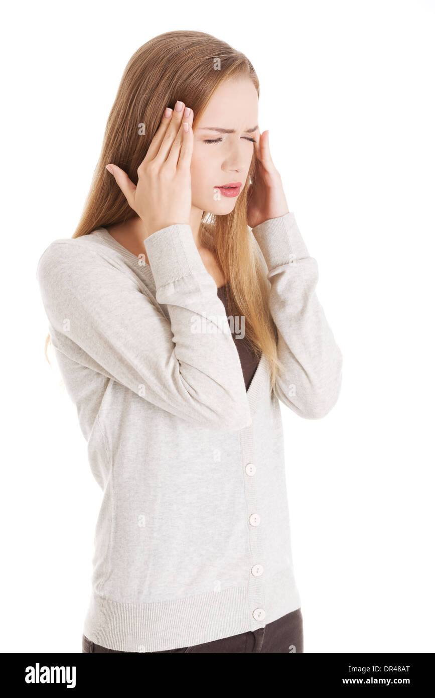 Beautiful woman's portrait, having headache or worried, sad. Isolated ...
